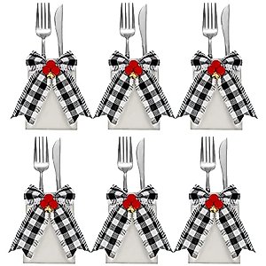12 Pieces Christmas Silverware Holder Burlap Utensil Holder Xmas Tableware Holder Buffalo Plaid Cutlery Fork Bag for Christmas Party Dinner Tableware Decoration (Black and White)