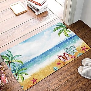 Door Mat for Bedroom Decor, Watercolor Flip Flops Shell and Starfish in The Beach Floor Mats, Holiday Rugs for Living Room, Absorbent Non-Slip Bathroom Rugs Home Decor Kitchen Mat Area Rug 18x30 Inch