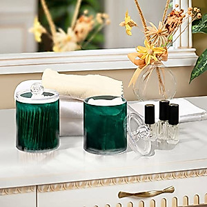 Nander 2Pack Qtip Holder Dispenser -Hunter Green Clear Plastic Apothecary Jars Set - Restroom Bathroom Makeup Organizers Containers for Cotton Swab, Ball, Pads, Floss