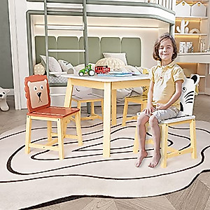 MASISDAOZ Kids Table and Chair Set, 5 Piece Kiddy Table and Chair Set, Kids Wood Table with 4 Chairs Set Cartoon Animals Toddler Table and Chair Set, 3-8 Years Old