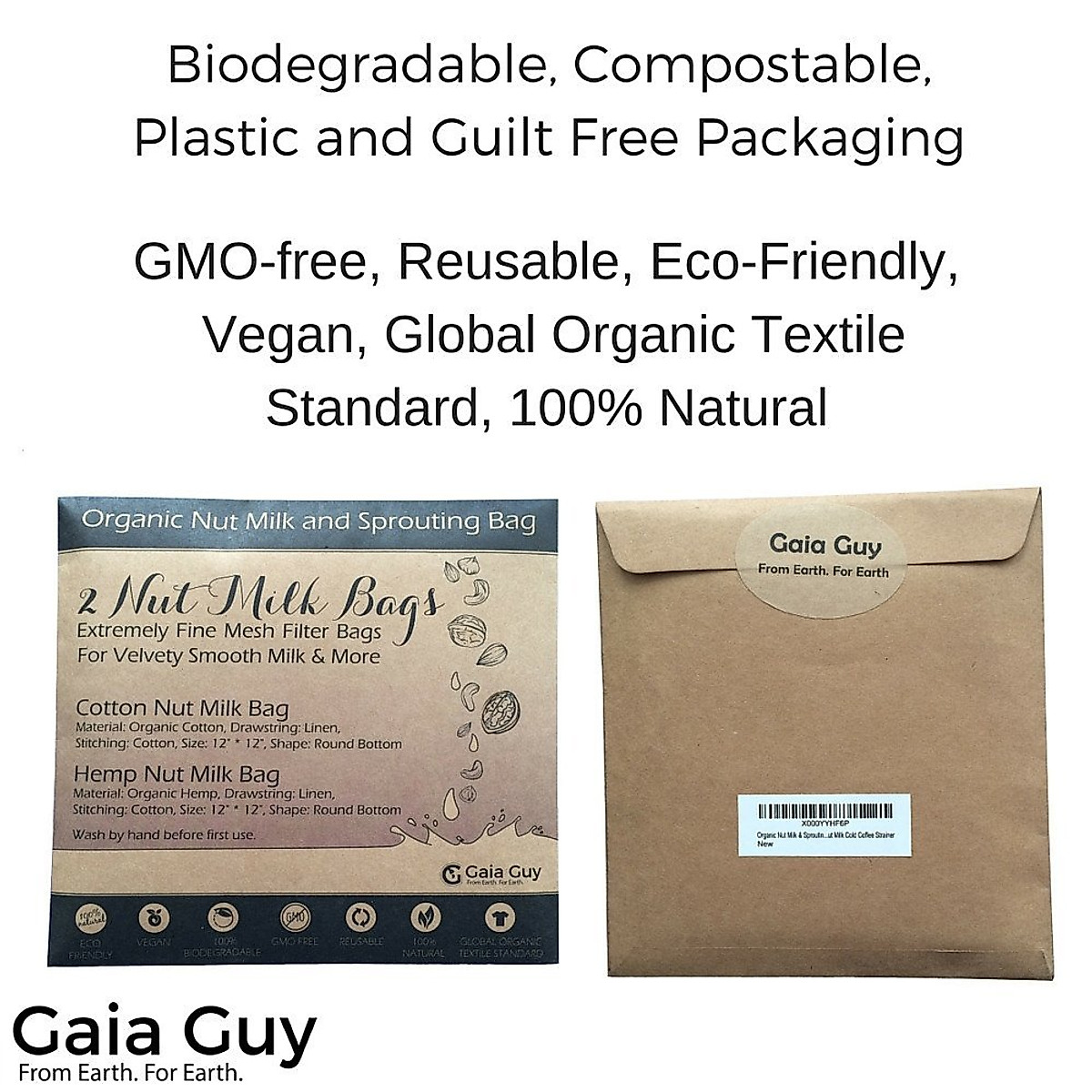2 Extra-Large Nut Milk Bags - 15" x 15" - All Natural Organic Cotton Food Strainer for Yogurt, Cheese, Nut Milks, Tea, Coffee & More - 100% Eco-Friendly (organic cotton)
