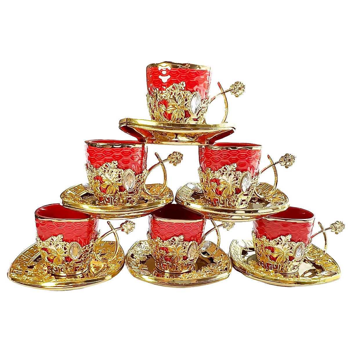 Chandler Turkish Coffee Set Espresso Greek Arabic Coffee Cup and Saucer 3 Fl oz with Gold Acrylic Gift Box Collection of 7 Colors and Designs (Red With Gold and White Gem)