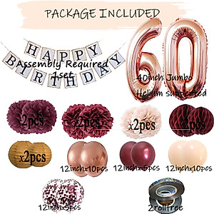 60th birthday decorations women – Rose gold 60 birthday party supplies for Happy Womens with Fabulous Champagne burgundy flowers Balloons Tissues Decor (burgundy + Champagne)