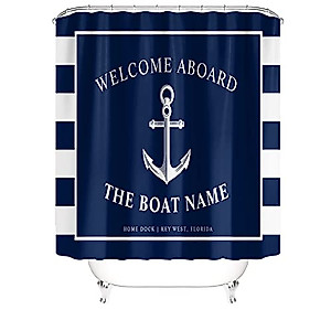 4Pcs Navy Blue Anchor Shower Curtain Set with Non-Slip Rugs and Toilet Lid Cover Navy Strip Nautical Theme Fabric Shower Curtain Bathroom Decor with Hooks Waterproof Washable 72" x 72''