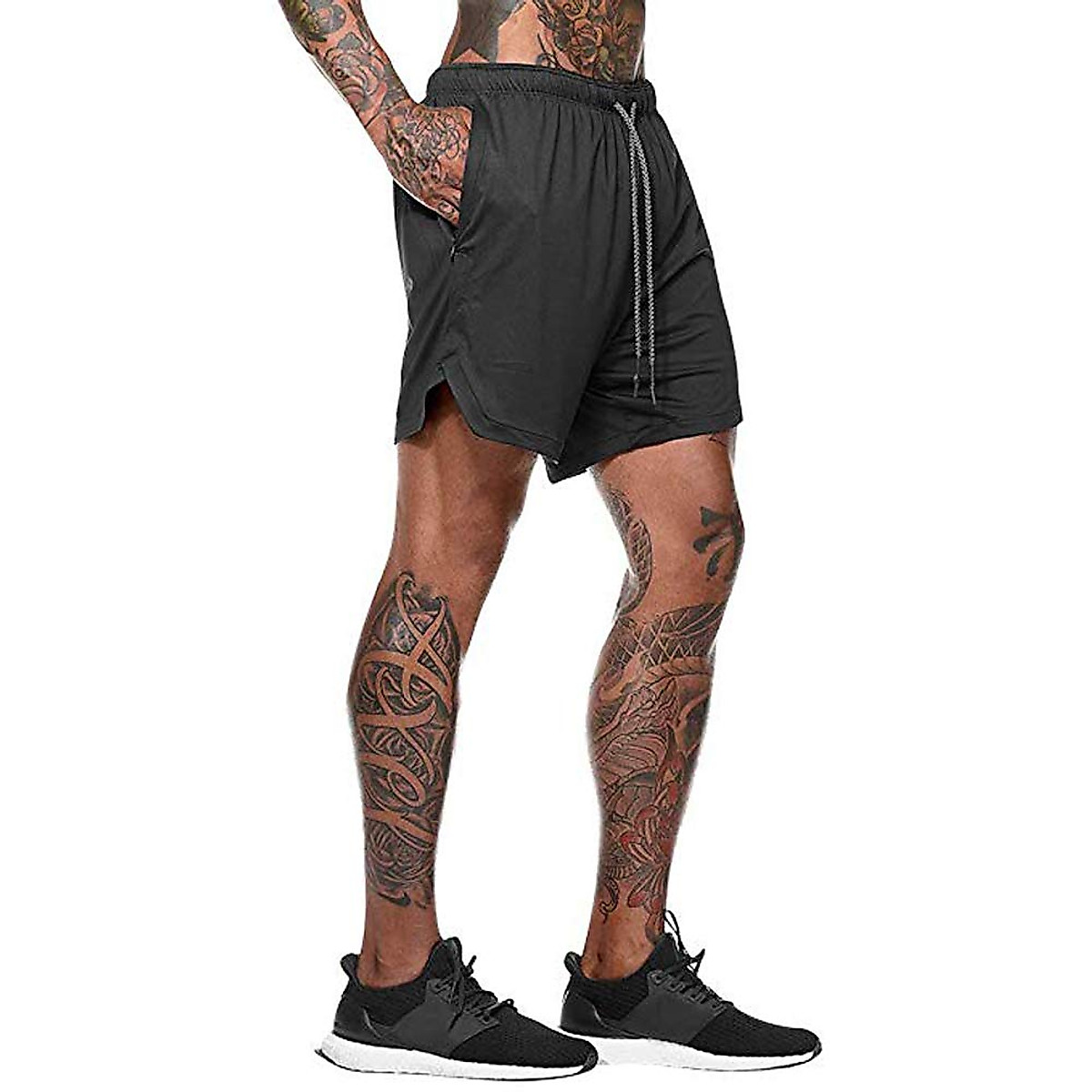 HANERDUN Men 2 in 1 Workout Running Athletic Shorts Sport Pants with Pocket Black