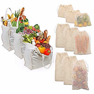 Reusable Grocery Bags Set of 12, 100% Cotton Plain Cloth Blank Canvas Heavy Duty Bag Bundle, With Handles for Shopping, Produce, Farmers Market, Include 3 Small, 3 Medium, 3 Large Mesh Bags, 3 Tote