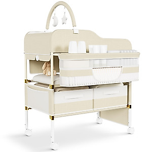 Portable Baby Changing Table with Wheels - Modern Dresser Changing Tables w/Hanging Toys, Laundry Bag, Changing Table Organizer Boxes - Folding Waterproof Baby Diaper Changing Station for Nursery