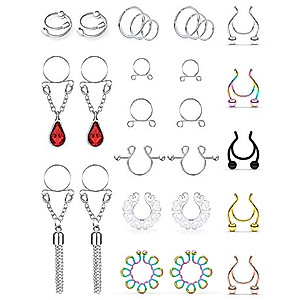SCERRING Fake Nipple Ring Stainless Steel Non-Piercing Nipple Rings Clip On Nipplerings Faux Body Piercing Jewelry for Women Men 27PCS Mix Color 1#