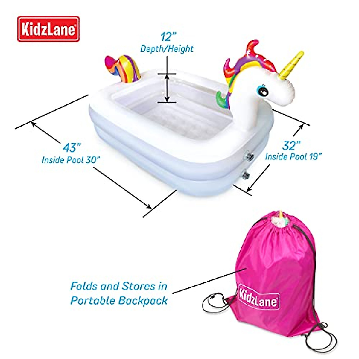 Kidzlane Unicorn Pool with Toys for Kids | Small Inflatable Kiddie Pool Includes Toys, Pump, Carrying Bag | Toddler Blow Up Swimming Pool for Backyard & Outdoor (43” x 32” x 28")