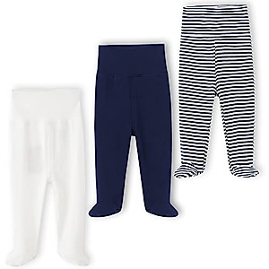 ACESTAR Newborn Baby Boys Girls 3-Pack Cotton High Waist Footed Pants 6-12 Months, Navy Blue