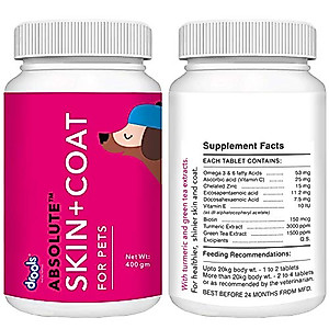 Drools Absolute Skin + Coat Tablet- Dog Supplement, 110 Piece for All Breed Sizes for Dogs Preservative-Free
