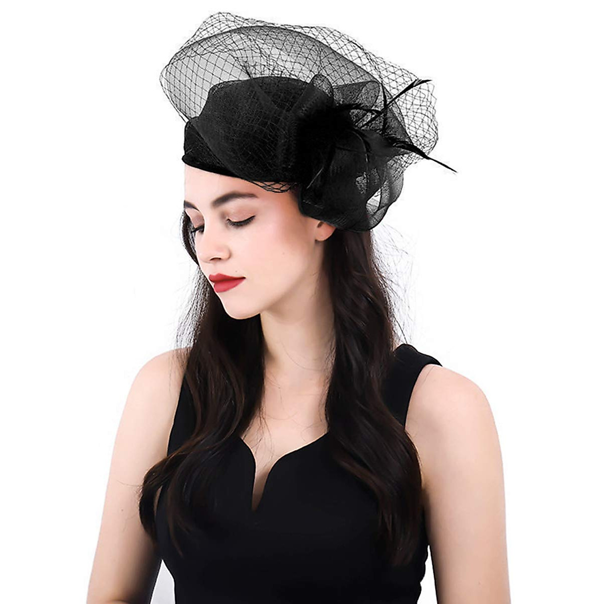 Z&X Sinamay Fascinator Pillbox Hats for Women Wedding Tea Party Mesh Flower Church Hat with Clip Black