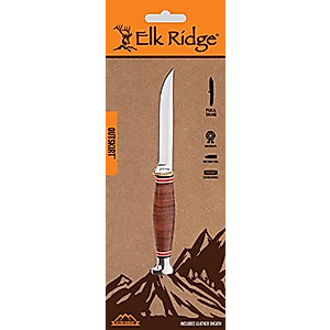 Elk Ridge - Outdoors OUTSKIRT Fixed Blade Knife - 7.0-in Overall, Satin Finish Stainless Steel Skinner Blade, Stacked Leather Handle, Includes Leather Sheath, Hunting, Camping, EDC - ER-200-31LBR