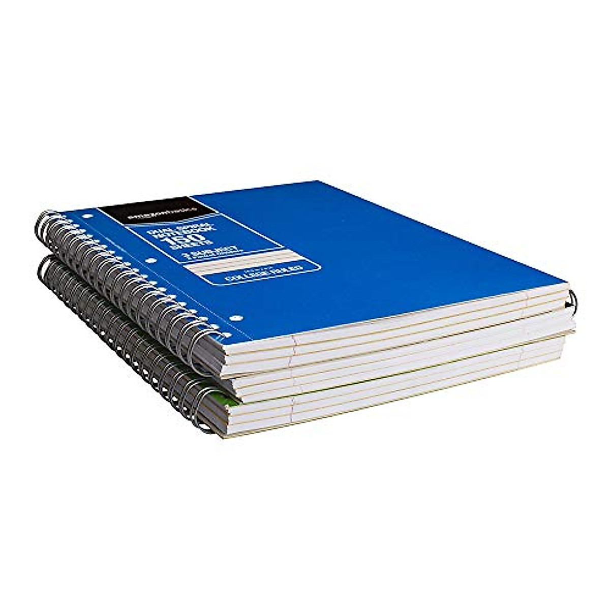 Amazon Basics College Ruled Wirebound 3-Subject 150-Sheet Notebook with Pocket Divider - Pack of 3, 10.5 x 8 Inch, Grey / Green / Blue