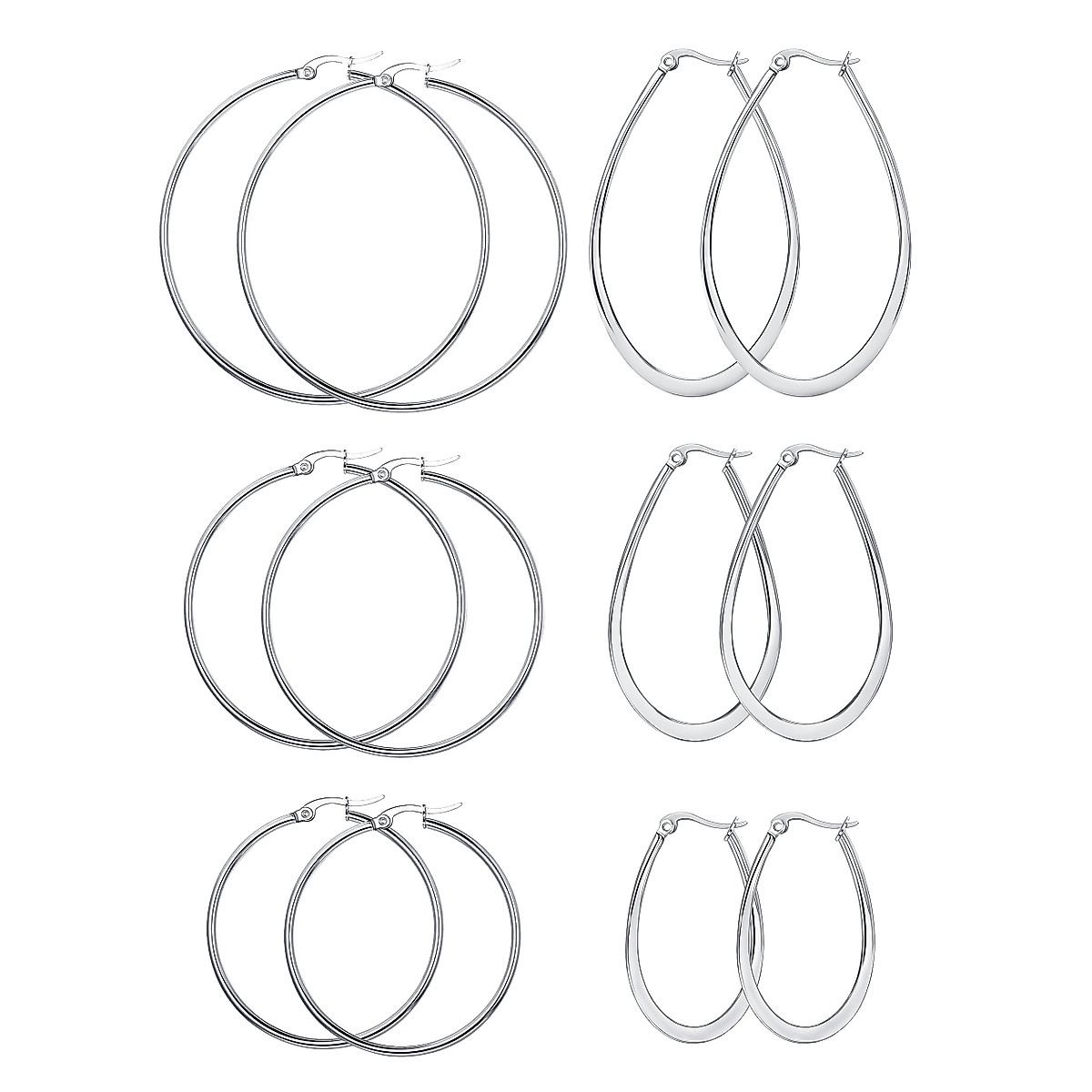 FIBO STEEL 6 Pairs Hoop Earrings for Women Teardrop Hoop Earrings Set 40-60MM