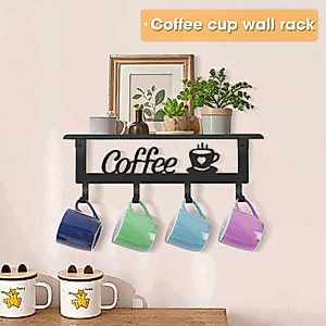 ArtHue Coffee Mug Holder Wall Mounted, Black Metal Coffee Cup Holder with 4 Hooks, Mug Rack Wall Mounted with Storage Shelf for Coffee Bar, Kitchen, Office, Farmhouse, Home Décor