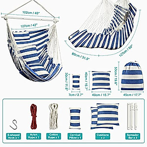 Hammock Chair, Hanging Chair with 3 Cushions and Foot Rest Support, Durable Metal Spreader Bar Max 440 Lbs, Swing Chair for Bedroom, Indoor & Outdoor, Patio, Porch or Tree（Blue and White）
