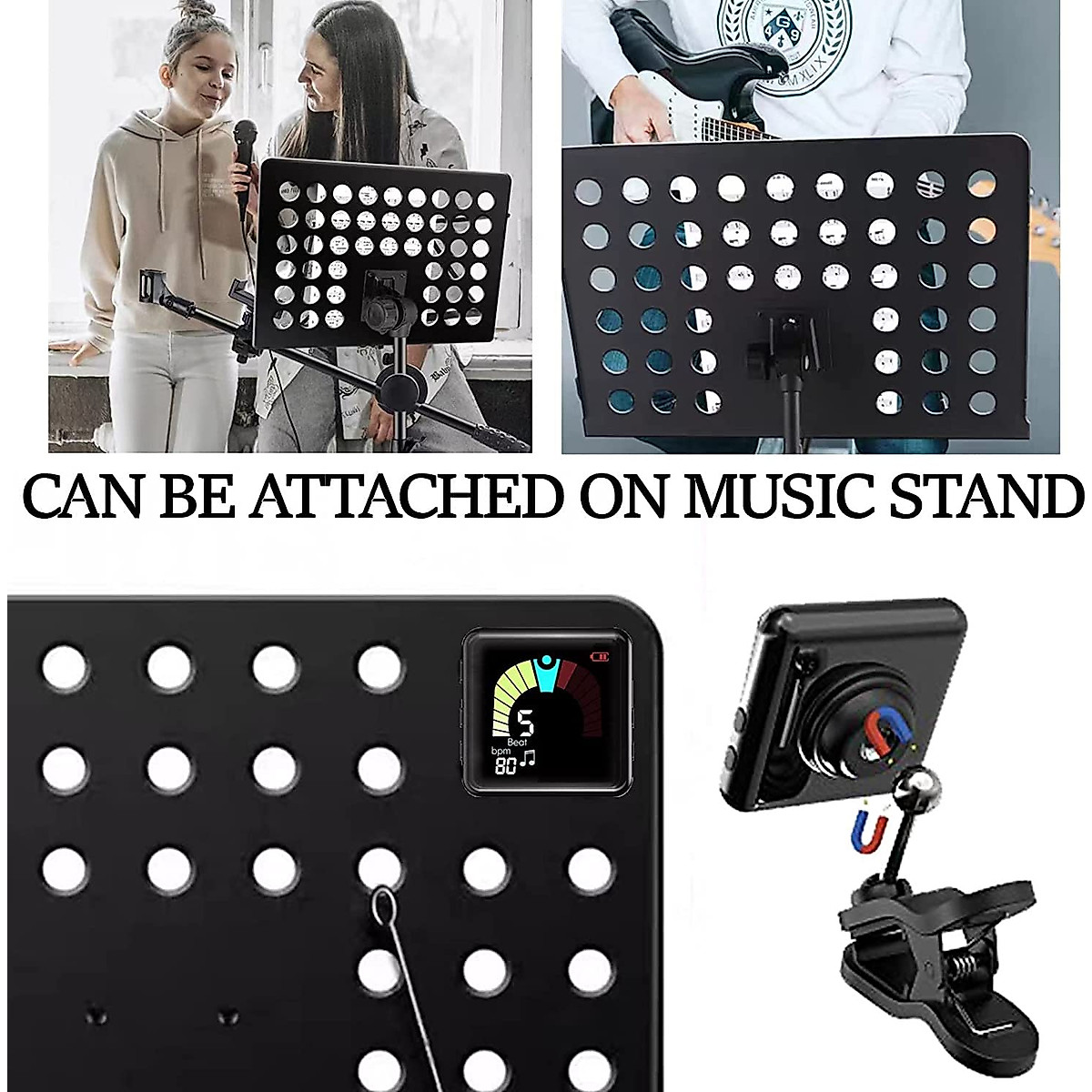 Guitar Tuner Clip on Rechargeable with Metronome Tone Generator for Guitar Bass Ukulele Violin Banjo Chromatic Wind Instrument, Metronome Tuner for All Instruments