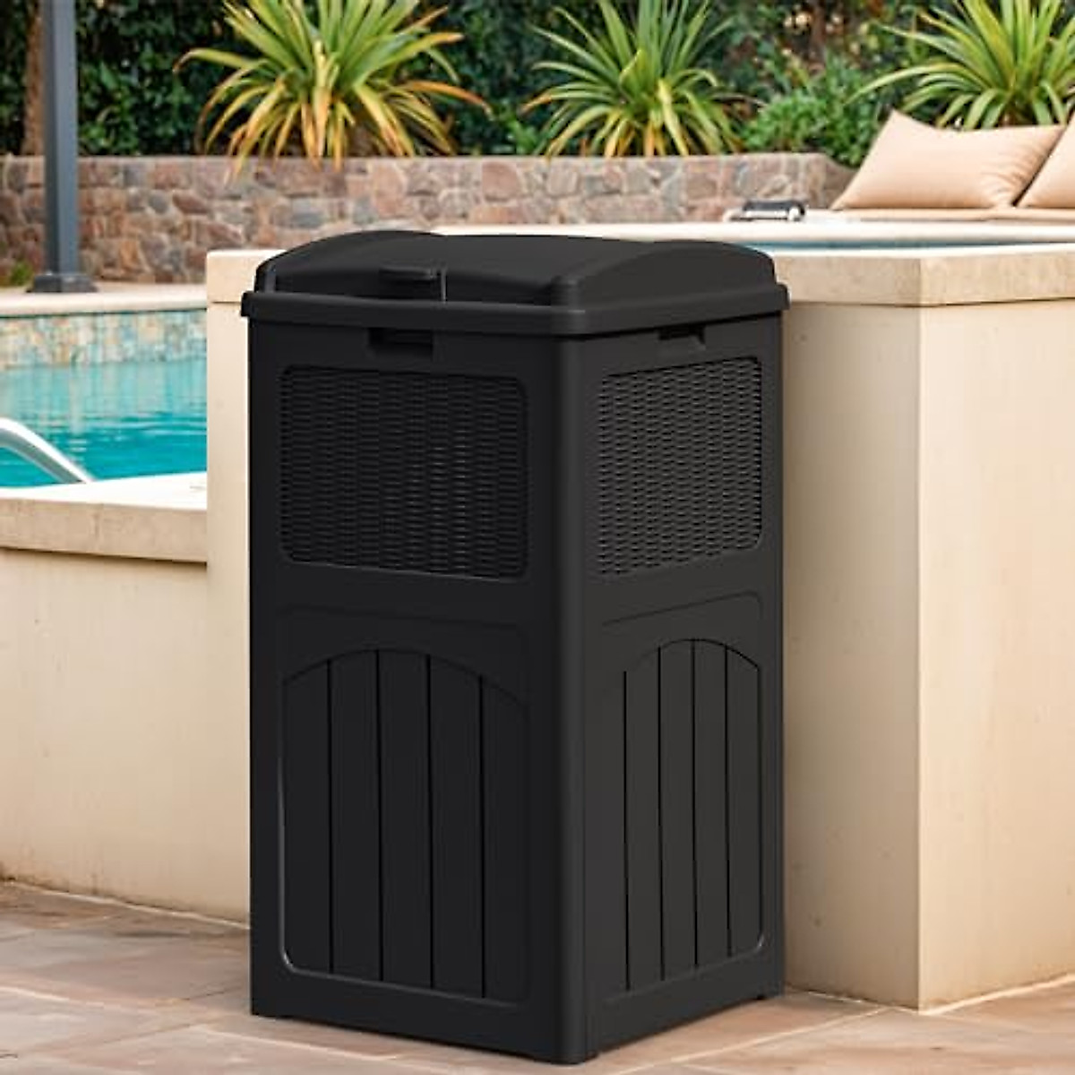 Greesum 33 Gallon Outdoor Trash Can with Lid, Waterproof Resin Garbage Bin for Hideaway, Deck, Patio, Black