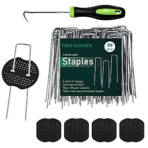 FEED GARDEN 6 Inch 50 Pcs Galvanized Landscape Staples 50 Pcs Gaskets Pick Hook Garden Stakes 11 Gauge Anti-Rust Landscaping Fabric SOD Pins U Shaped Yard Turf Stakes for Weed Barrier Fabric