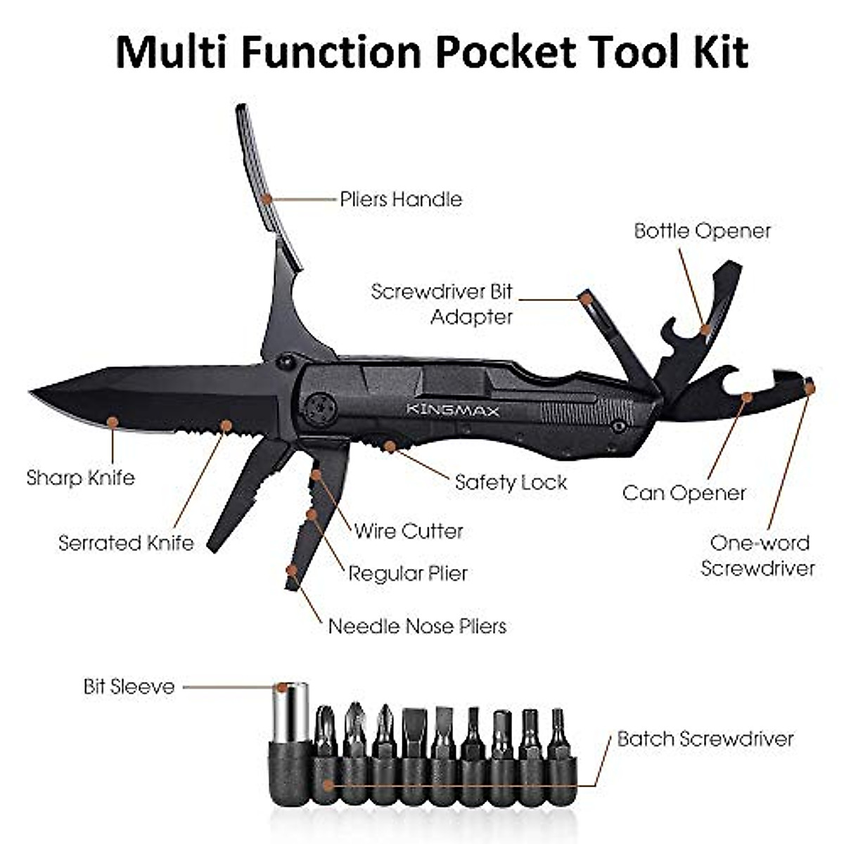 KINGMAX Pocket Knife,Multitool Tactical Knife with Blade,Saw, Plier, Screwdriver, Bottle Opener,Folding Knife Built with Full Stainless Steel,Perfect Tool for Men,Camping,Emergency,Outdoor,Daily Use.