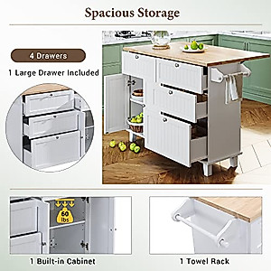 Merax 3 Piece Dining Table Set with Storage Cabinet,Drop Leaf Table with 2 Stools,Wood Kitchen Table and Chair Set Island Cart Trolly Breakfast Bar with Drawers Towel Rack