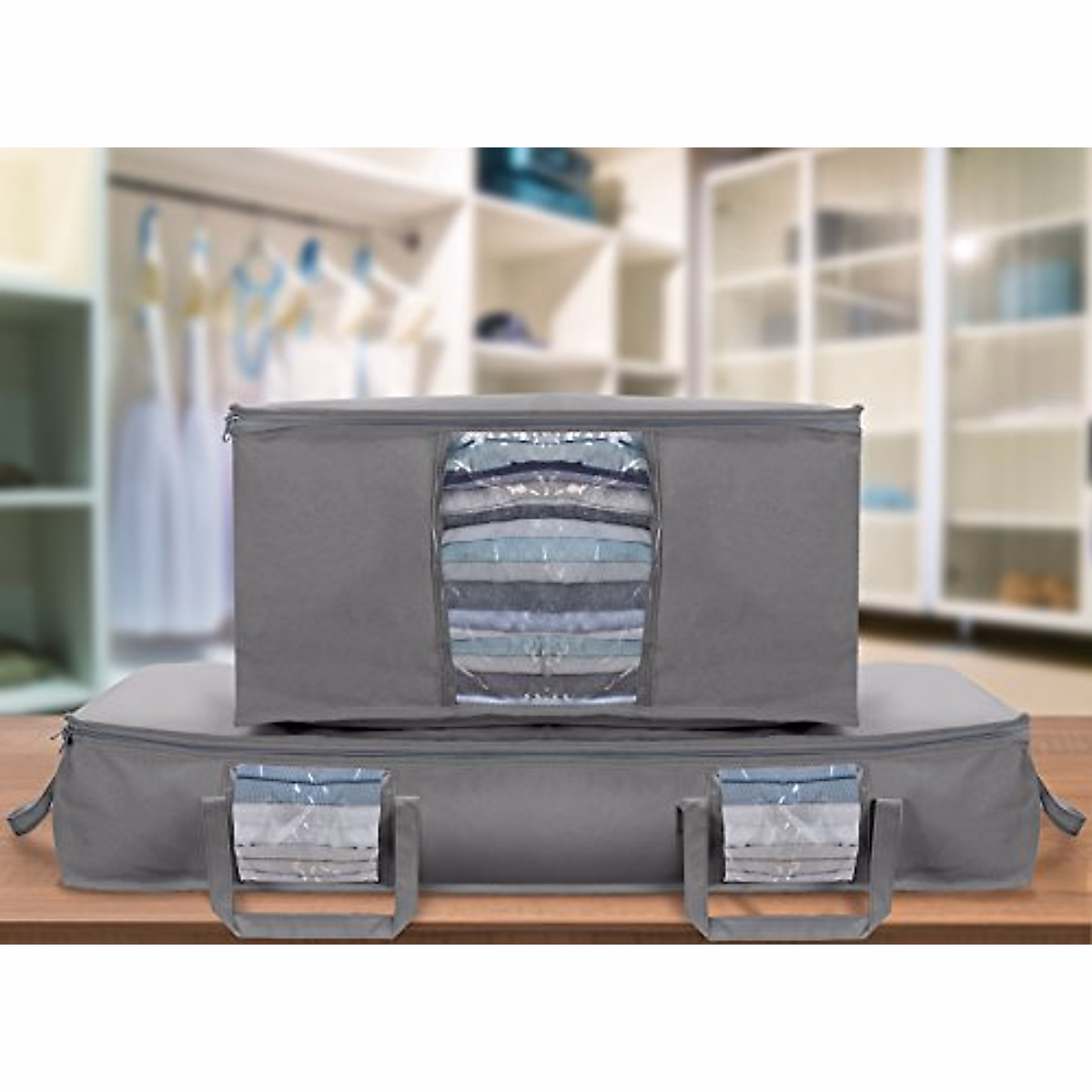 Sorbus Foldable Storage Bag Organizer Set, Large Clear Window & Carry Handles, Great for Clothes, Blankets, Closets, Bedrooms, and More (Gray)