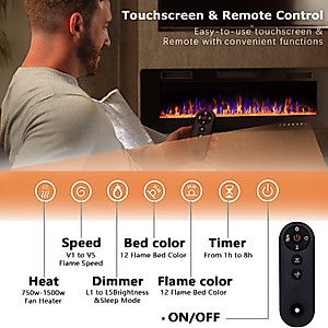 Vitesse 60 inch Ultra-Thin Electric Fireplace in-Wall Recessed and Wall Mounted Fireplace Heater,Linear Fireplace with Multicolor Flame,Timer,Low Noise,750/1500W,Touch Screen & Remote Control(60’’)