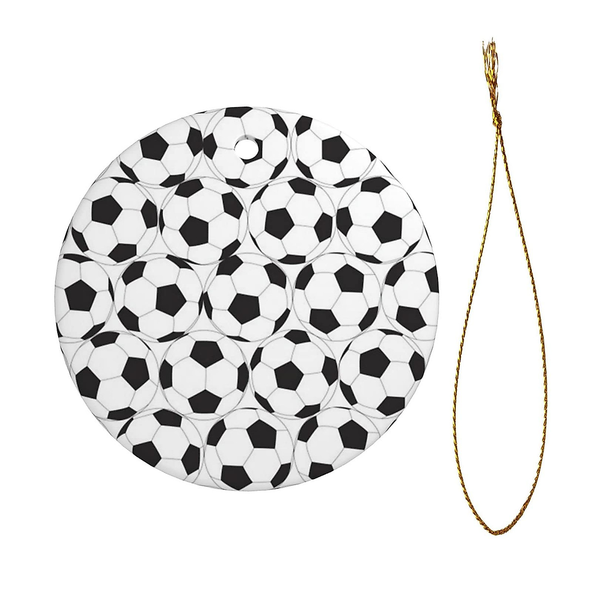 Black and White Soccer Ball Pattern Print Christmas Tree Ceramic Hanging Round Shaped Xmas Tree Pendants Gatherings Party Deco