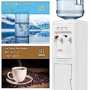 GOFLAME Water Cooler Dispenser Top Loading, Water Dispenser with Hot & Cold Water, Storage Cabinet, Child Safety Lock, Holds 3-5 Gallon Bottles for Home Office Dorm