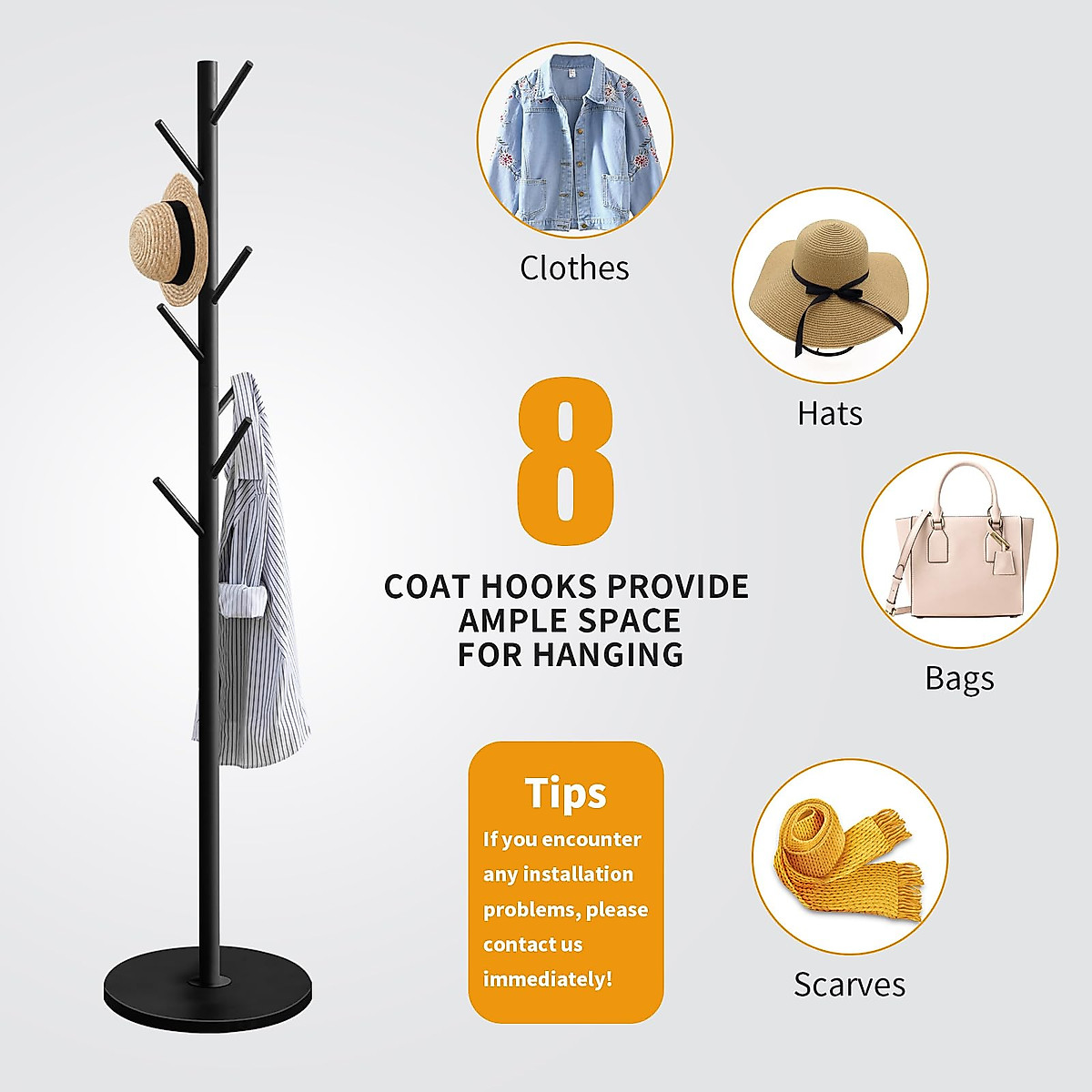 Tenkovic Metal Coat Rack Freestanding Satin Steel With Stable Marble Base,High-Grade With 8 Hooks Metal Coat Hat,Hall Tree for Hanging Clothes, Bags, Hats, Bedroom(Black)