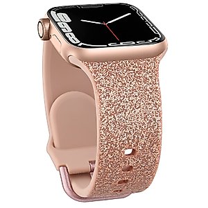 IEOVIEE Compatible with Apple Watch Band 38mm 40mm 41mm, Women Glitter Bling Soft Silicone Sport iWatch Bands Strap Replacement for iWatch Series SE 7 6 5 4 3 2 1, Rose Gold Glitter, 38/40/41mm