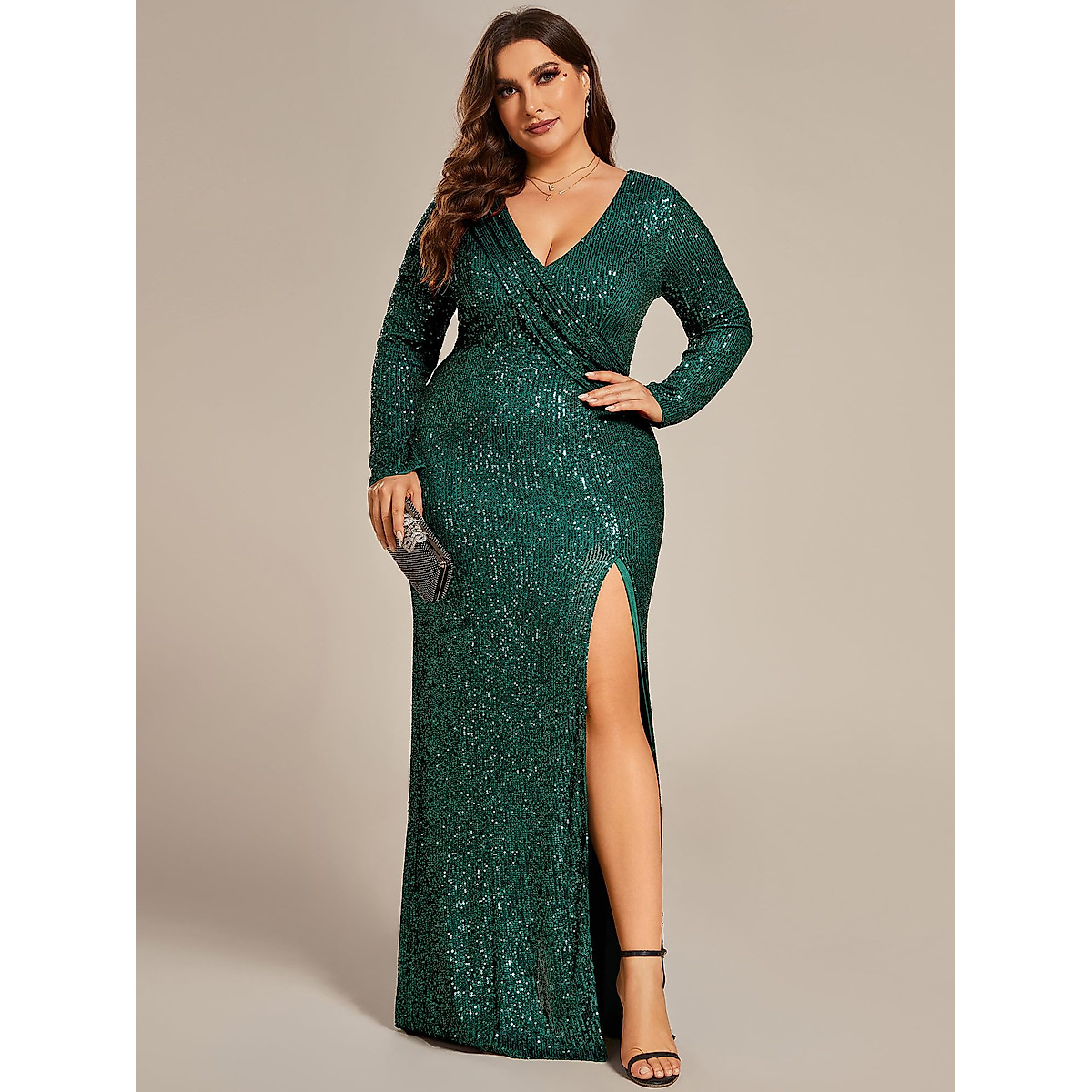 Ever-Pretty Women's Plus Size Curvy Elegant Sequin V Neck Floor-Length Bodycon Evening Party Gowns Deep Green US24