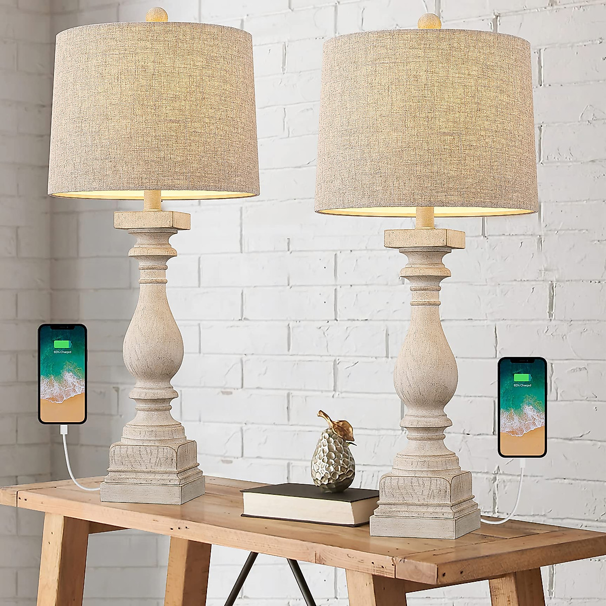 BOBOMOMO 27" Table Lamp with USB C+A Charging Ports Set of 2 Antique Nightstand Lamp for Bedroom Living Room Farmhouse Office Retro Rustic Resin Bedside Desk Lamps Washed White