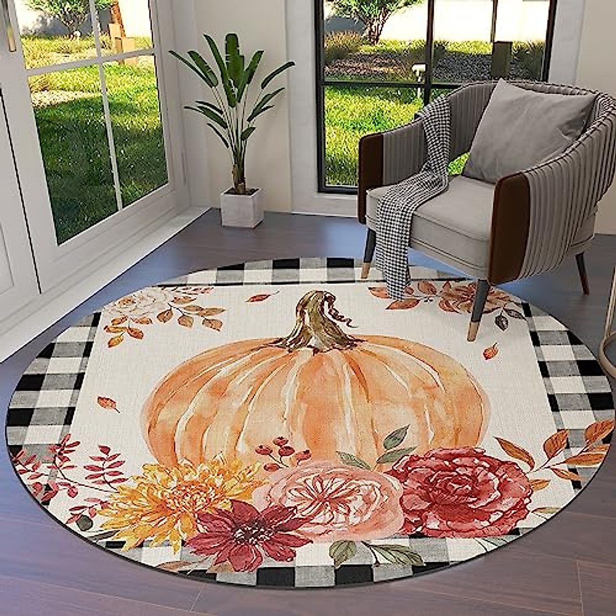 Fall Thanksgiving Round Area Rug 3ft,Washable Outdoor Indoor Carpet Runner Rug for Bedroom,Kitchen,Living Room,Office,Area+Rug Small Bath Door Desk Floor Mat Autumn Pumpkin Flower Leaves Plaid Check