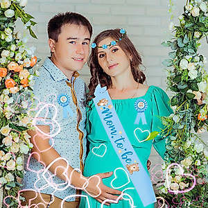 4pcs Bear Theme Mom to Be Sash baby shower Dad to Be Pin and blue Flower Crown for Gender Reveal Party Baby Shower Decorations for boys Pregnancy Props Keepsake Gifts