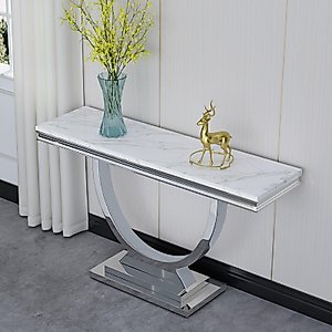 Modern Marble Console Table, Rectangular White and Silver Marble Sofa Table with U-Shape Stainless Steel Base with Silver Mirrored Finish for Living Room, Simple Assembly (Silver2)