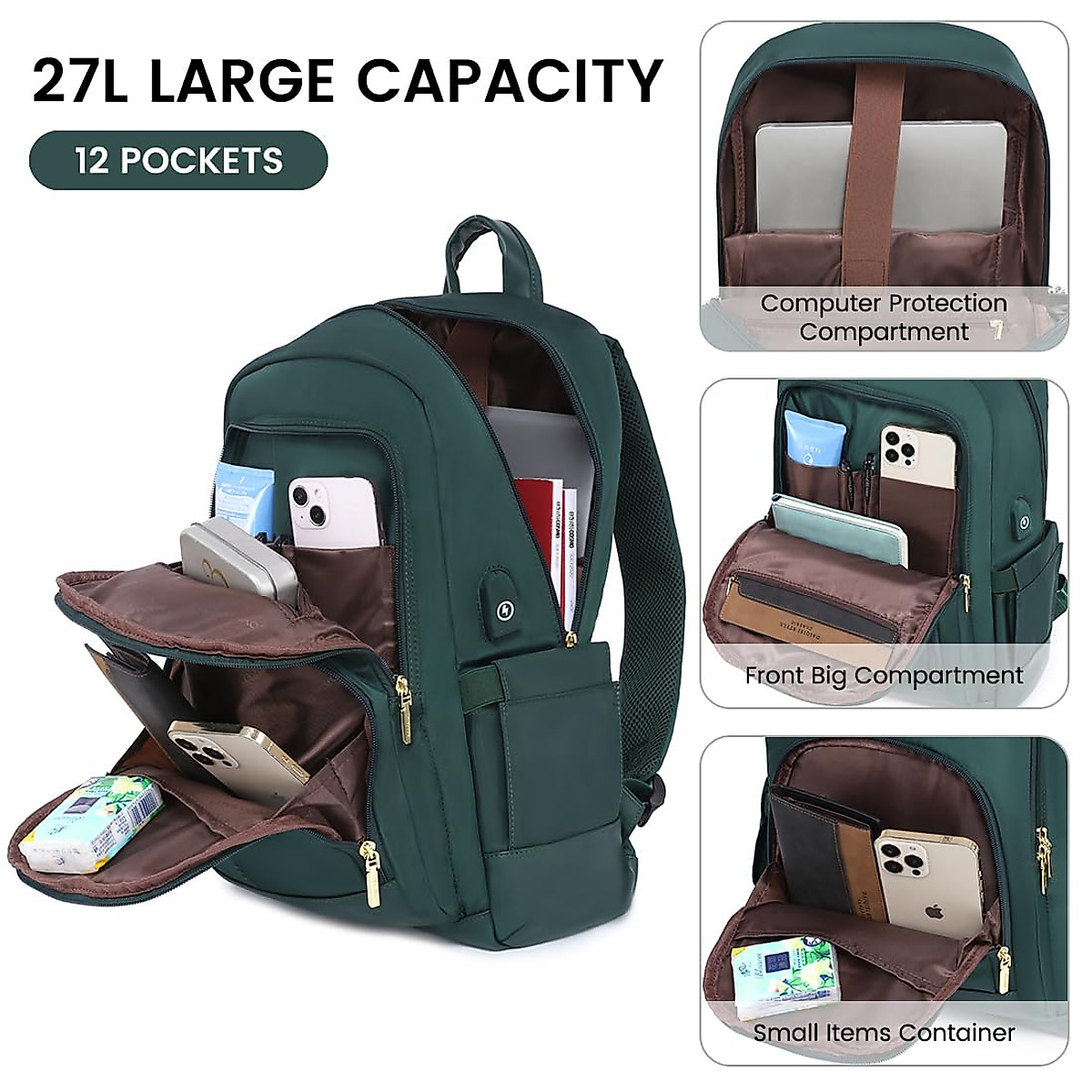 LOVEVOOK Travel Laptop Backpack Women,15.6 Inch Water Resistant Travel Backpack for Women,Work Computer Back Pack for Business,Large Capacity,Dark Green