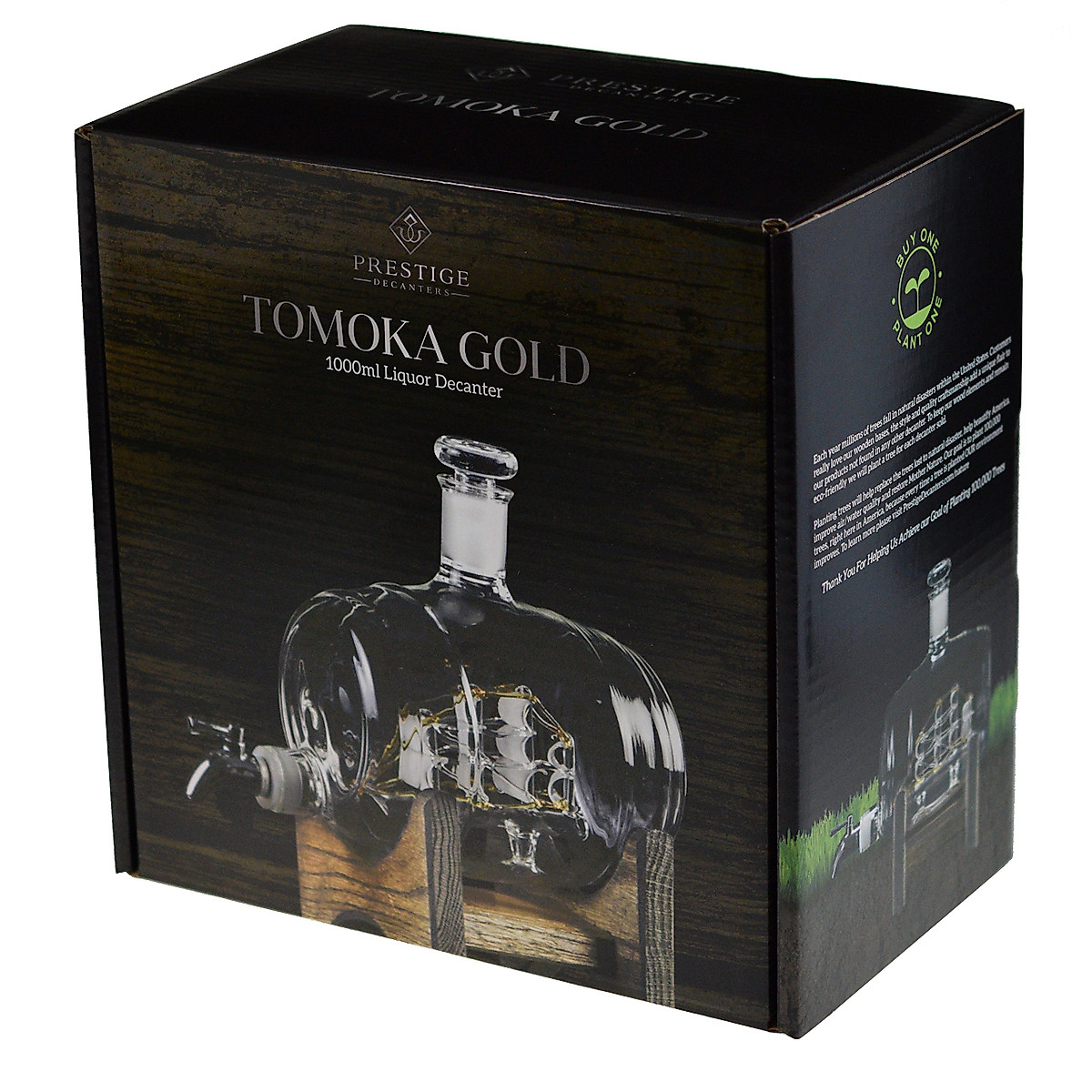 Bourbon Barrel Whiskey Decanter With Ship - 1000ml Liquor Dispenser - Sailing/Boating Gifts for Men and Women, Nautical Decor Retirement Gift (Tomoka Gold)