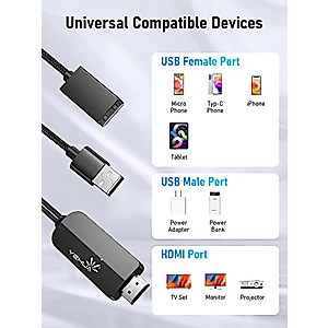 Compatible with iPhone to HDMI/USB C to HDMI/Micro USB to HDMI Cable, 3-in-1 MHL hdmi Phone to TV HDMI Cable, 1080P Mirroring&Charging Cable for All Smartphones Tablets to TV/Projector(3.28FT/1M)
