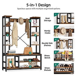 YITAHOME Entryway Hall Tree with Bench and Shoe Storage Shelves, 5-in-1 Coat Rack with Shoe Storage Bench, Industrial Mudroom Bench with Two Side Storage Shelves, for Hallway, Bedroom, Rustic Brown