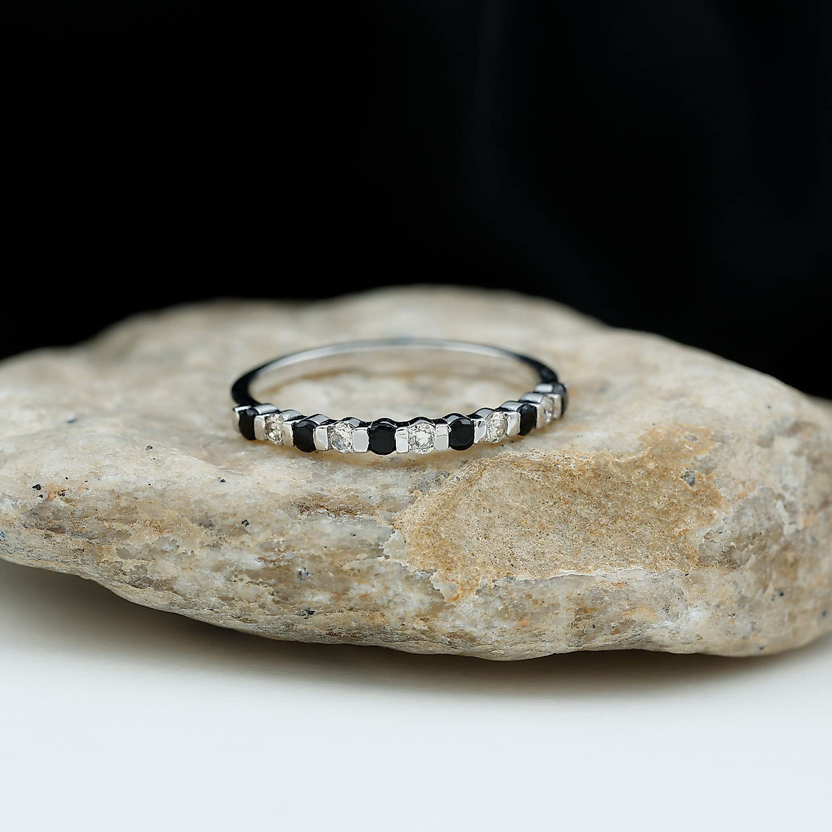 Natural Black Spinel Diamond Half Eternity Band, AAA Quality, Certified Black Spinel Stackable Ring - Ready to Gift, 14K White Gold, Size:US 7.50