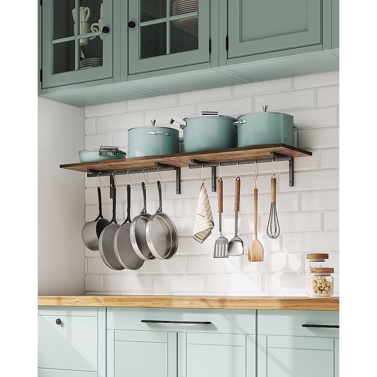 OROPY 2 Pack Wooden 23.6'' Pot Pan Hanging Rack Wall Mounted with 10 S Hooks, Set of 2 Large Pot Wall Holder Kitchen Shelves for Utensils, Cookware