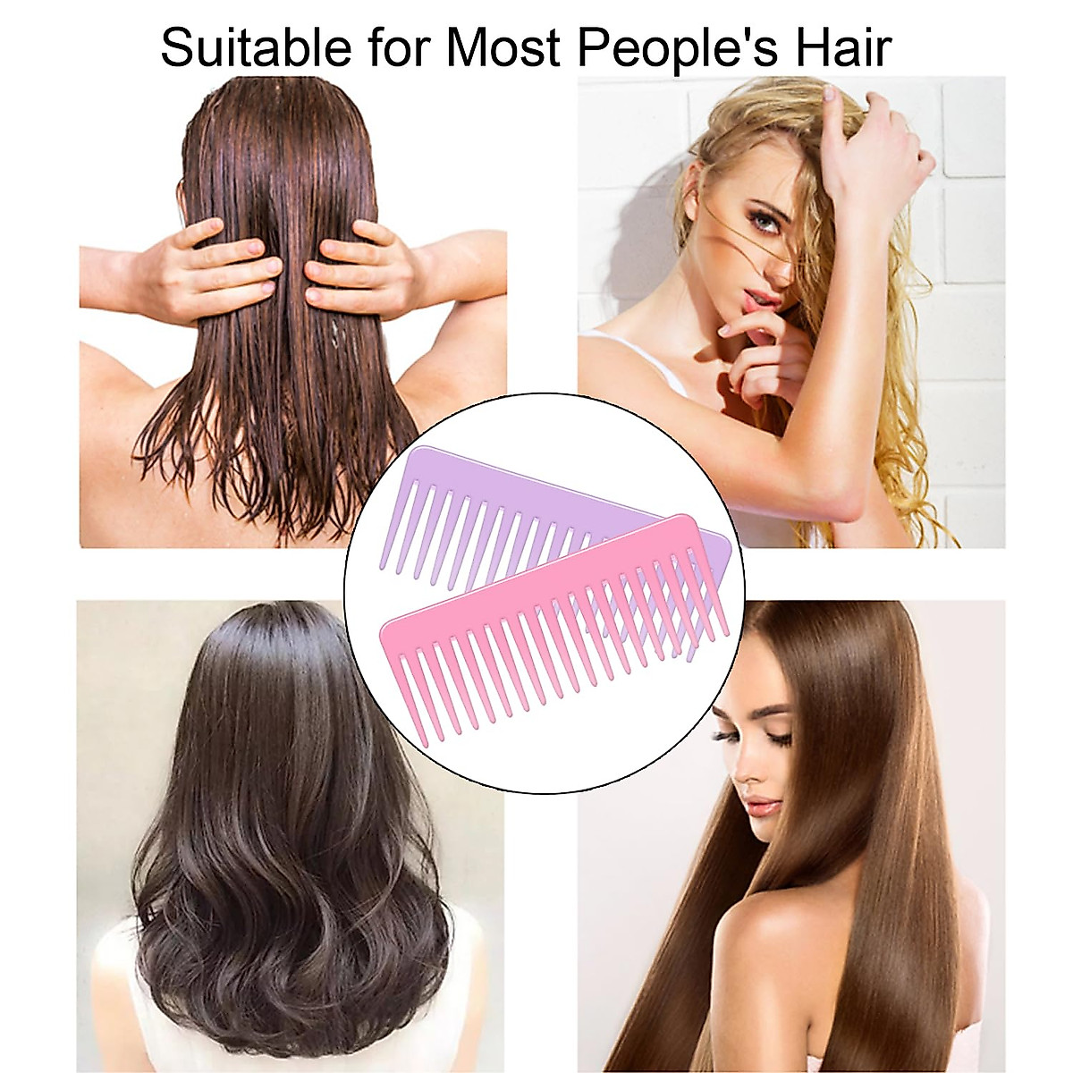 Wide Tooth and Large Detangling Comb Set for Long, Curly, Wet Hair - No Handle Styling, Shampoo & Detangling Combs (2 Pieces - Pink, Purple)