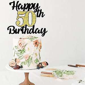 LVEUD happy birthday cake topper Black Font Golden Numbers 50th birthday happy Cake Topper -Birthday Party Decorations (50th)