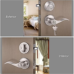 Keyed Alike Lever Set with Single Cylinder Deadbolt, Reversible Wave Style Satin Nickel Lockset, Lever Door Handle with Key and Lock for Bedroom, Front Door 4 Pack