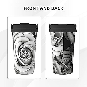 GTKSYNVE Reusable Coffee Mug with Lid and Handle, Black White Rose Tumbler for Hot & Cold Drinks 16oz Stainless Steel Insulated Coffee Tumblers Double Wall Vacuum Thermal Cup
