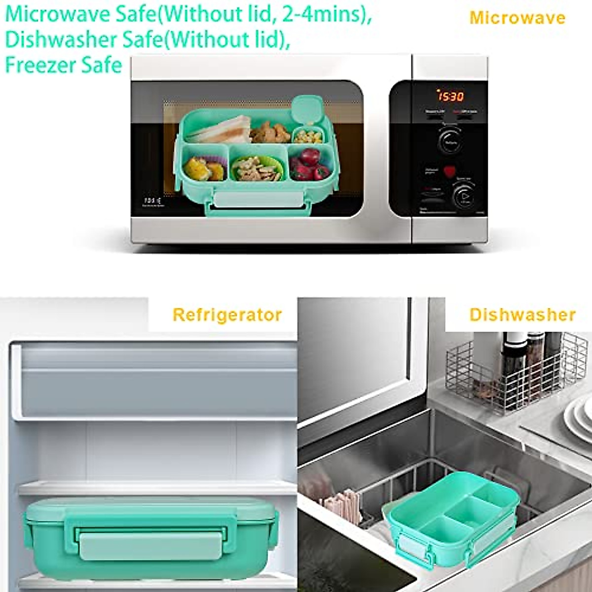 ZPIMY Bento Box Adult Lunch Box, Lunch Box Kids, Bento Box Kids, 1300ML Lunch Box Adult with 4 Compartment, Lunch Box Containers for Adults/Kids/Toddler, Microwave/Dishwasher/Freezer Safe (Green)