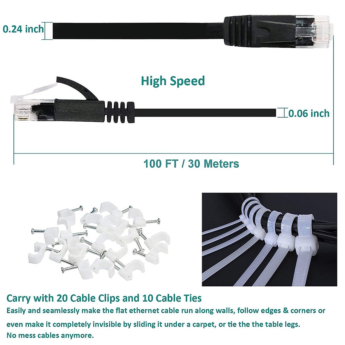 DAYEDZ Ethernet Cable 100 ft 2 Pack Cat 6 Flat Cable Ethernet Cord, Slim Long Cat6 High Speed Computer Router Network LAN Patch Wire with Clips & Rj45,Faster Than Cat5e/Cat5,100 feet White+Black