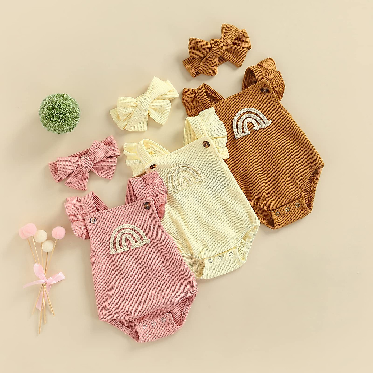 Douhoow Infant Baby Girl Rainbow Boho Ruffled Sleeveless Rompers Clothes with Headband (Pink, 3-6 Months)